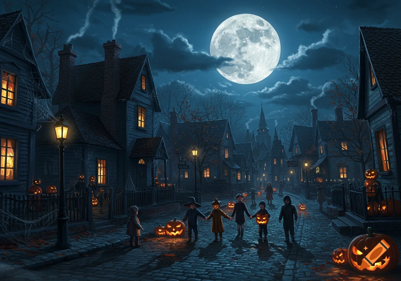 Two children in firefighter suits look terrified at a spooky snowman ...