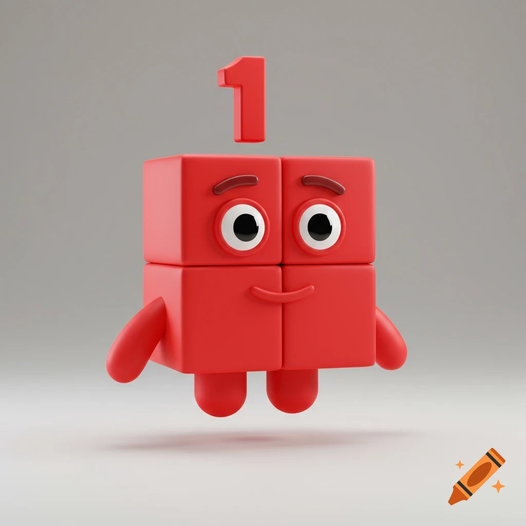 A cheerful robot character made of red and white blocks with an orange ...