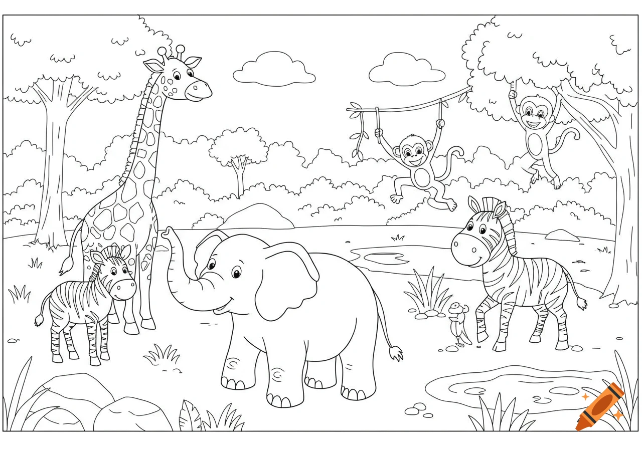 A black and white coloring page featuring a giraffe, an elephant, two ...