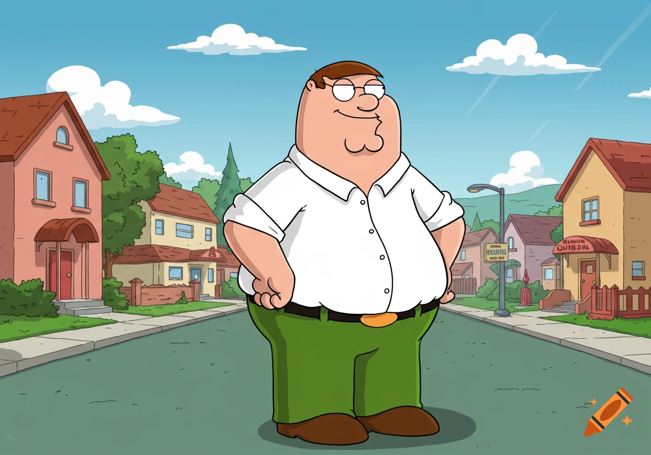 Peter Griffin stands in a lively cartoon street scene with other ...