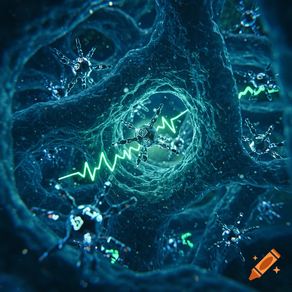 Microscopic view of intricate blue organic-like tunnels with glowing ...
