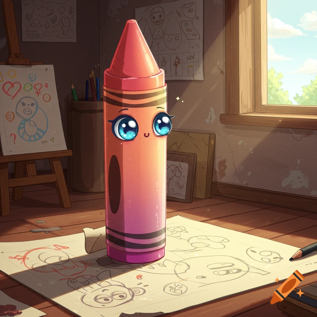 A cute cartoon crayon with large blue anime eyes stands on a desk ...