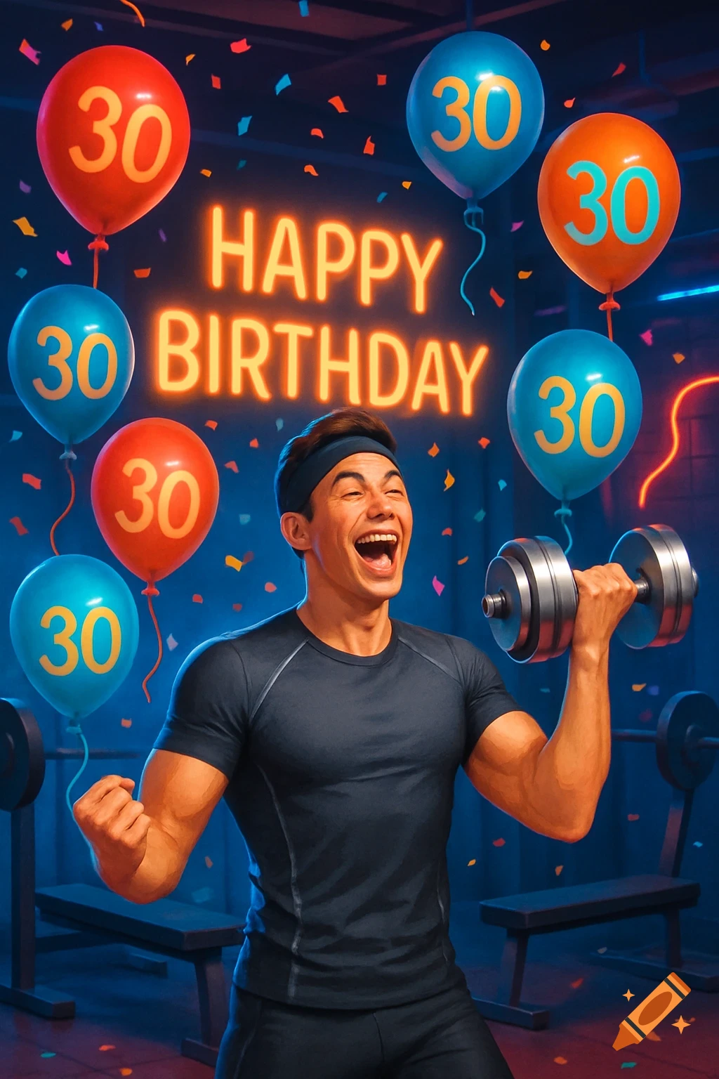 A very happy muscular man in a gym lifting a dumbbell, surrounded by ...