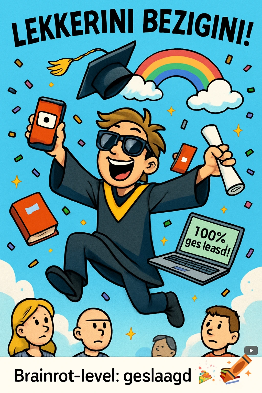 A joyful cartoon student in sunglasses and graduation robes jumps with ...