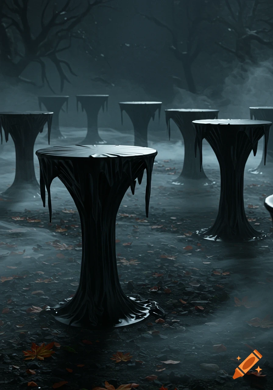 Eerie, misty forest with black, dripping pedestals resembling tables ...