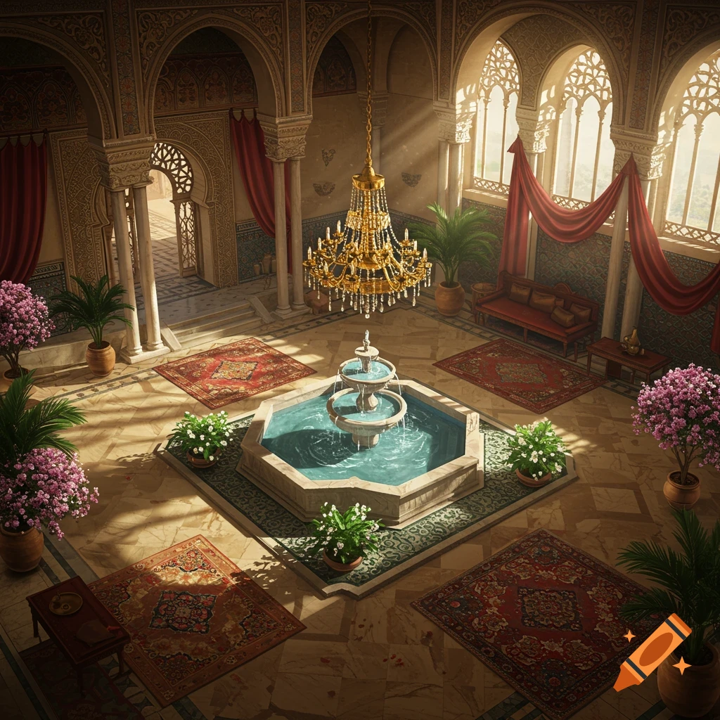 Ornate, luxurious Arabian palace interior with a central fountain ...