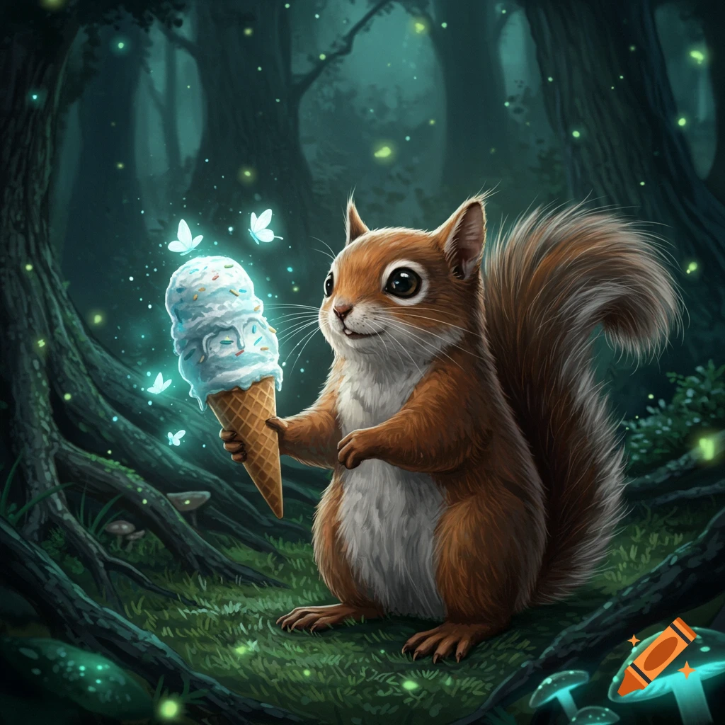 A cute squirrel holding a glowing blue ice cream cone with glowing ...