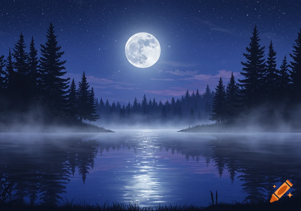 A picturesque cabin with glowing windows by a misty lake under a ...