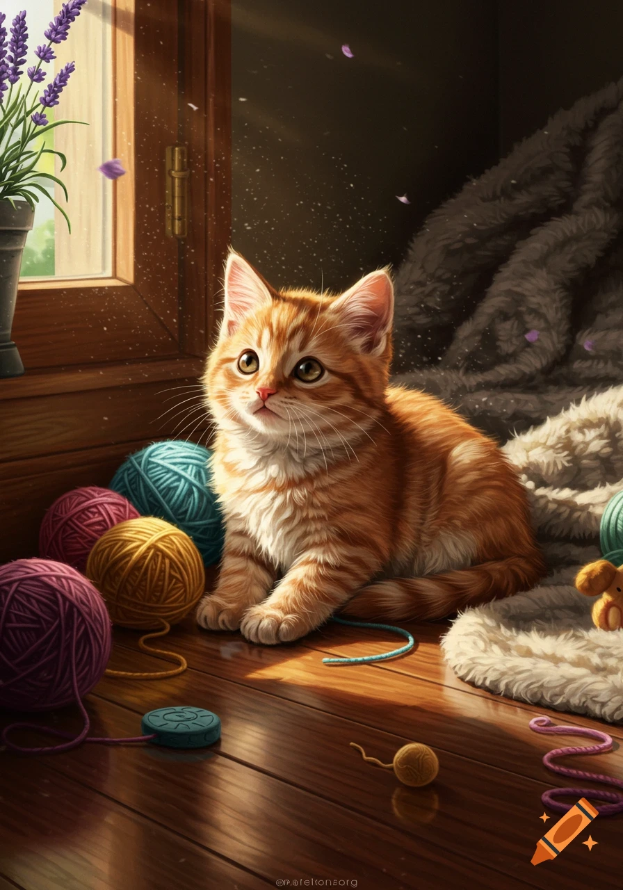 A cute gray tabby kitten peeks from a wooden box, surrounded by pink ...