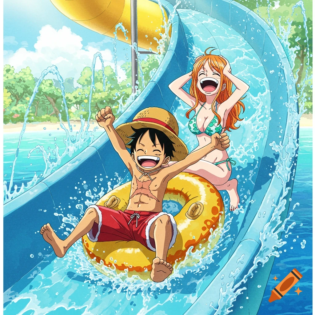 Luffy and Nami from One Piece anime sliding down a blue water slide in ...