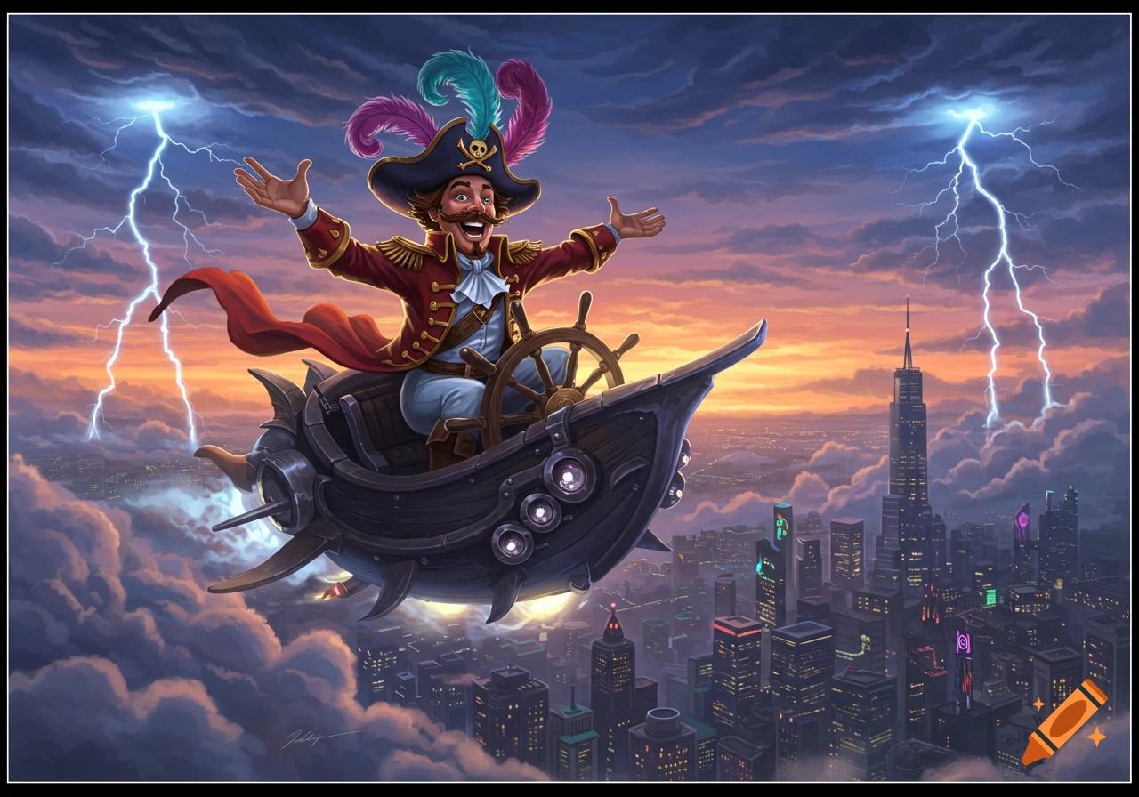 A whimsical pirate captain in a flying ship with propellers sails ...