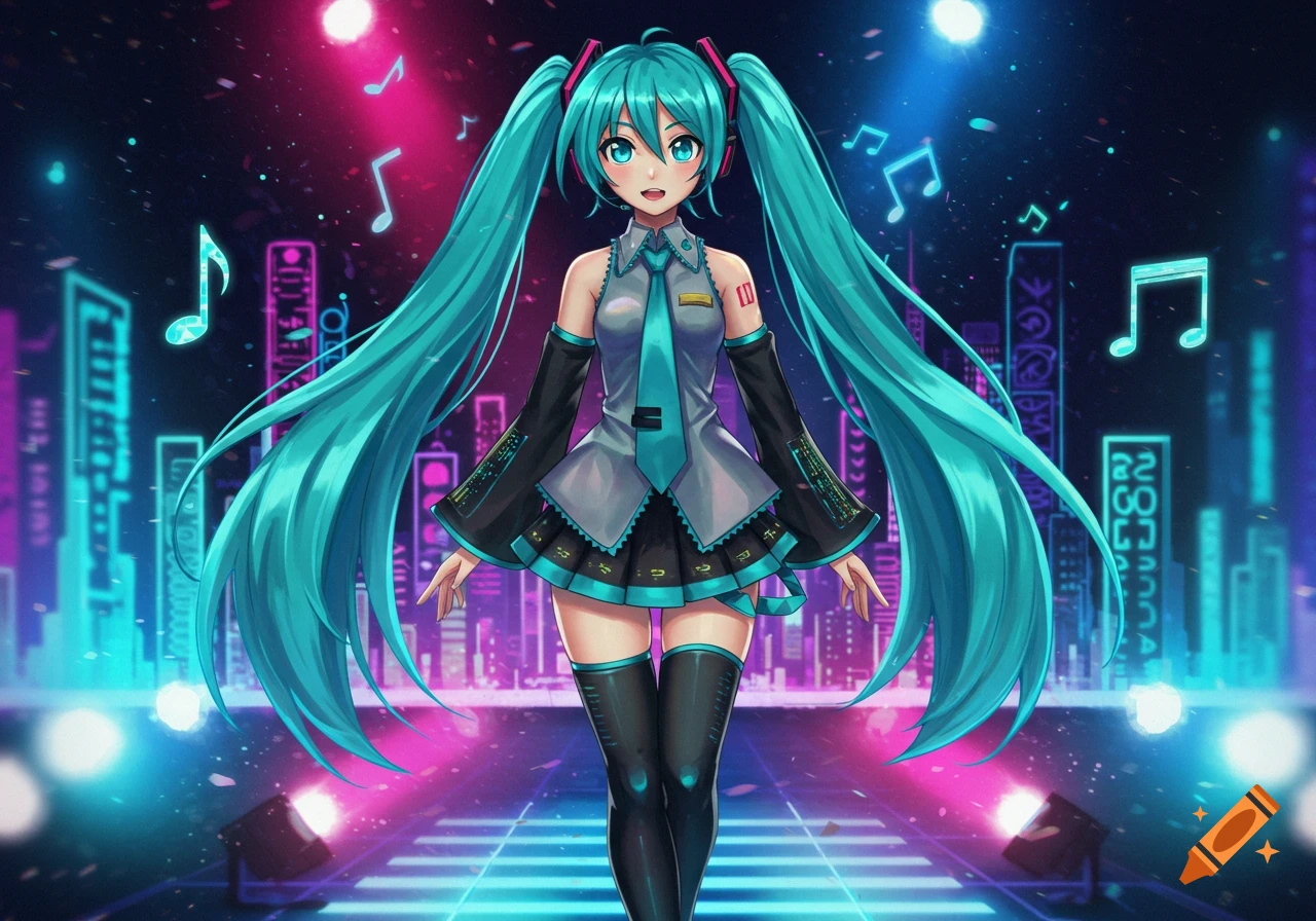 Anime character Hatsune Miku with long turquoise pigtails in a neon-lit ...