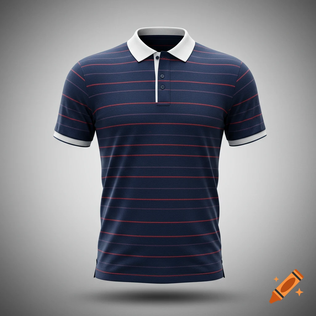 A photorealistic navy blue polo shirt with red horizontal pinstripes ...