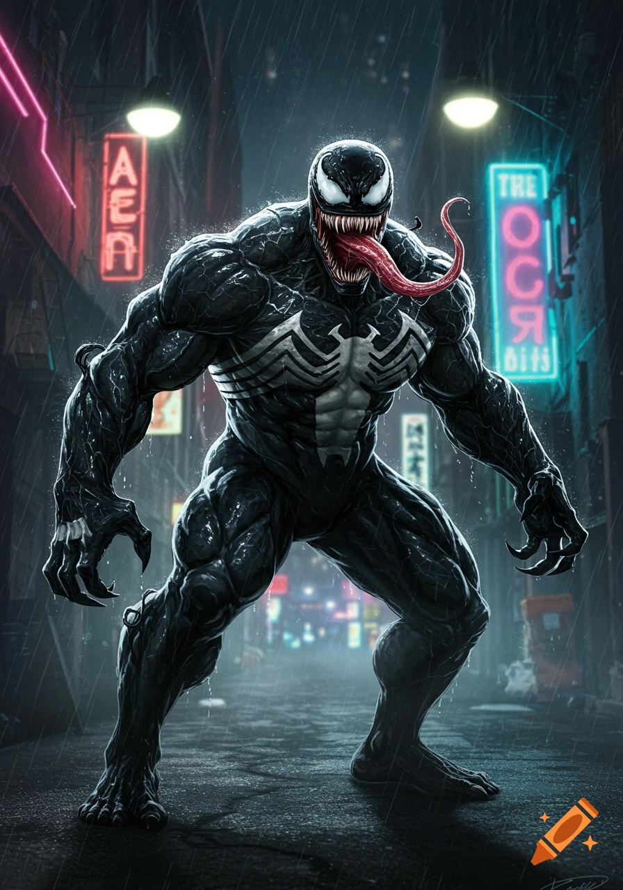 Venom in a black football jersey with number 11 stands in a rainy neon ...