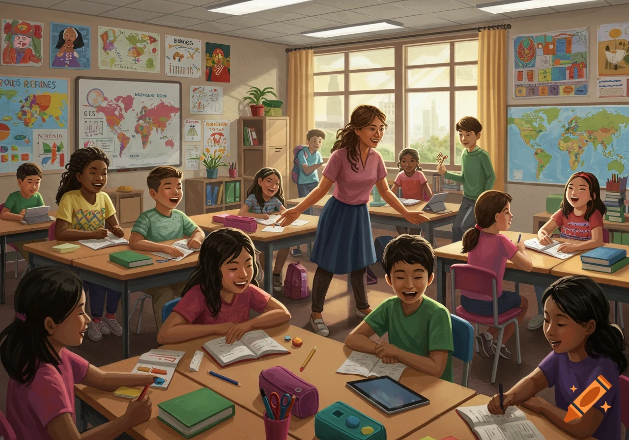 An illustration of a diverse elementary classroom with a teacher and ...