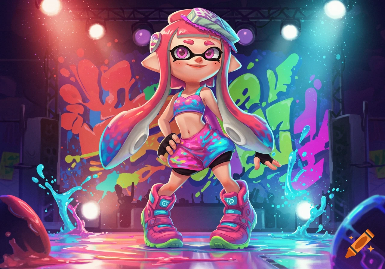A vibrant, stylized Splatoon idol character with pink tentacles and a ...