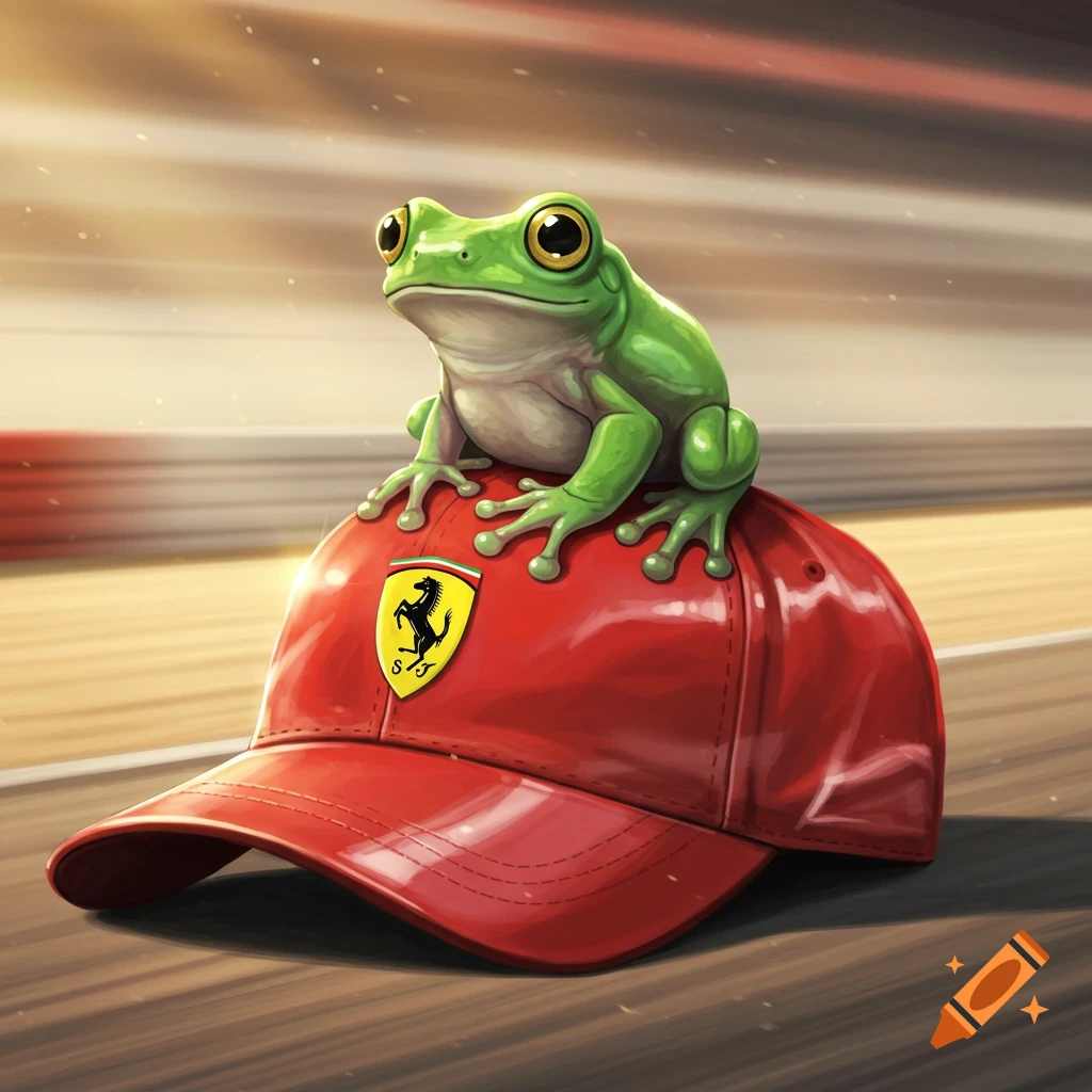 A cute green frog with large eyes sits on a red Ferrari baseball cap on ...