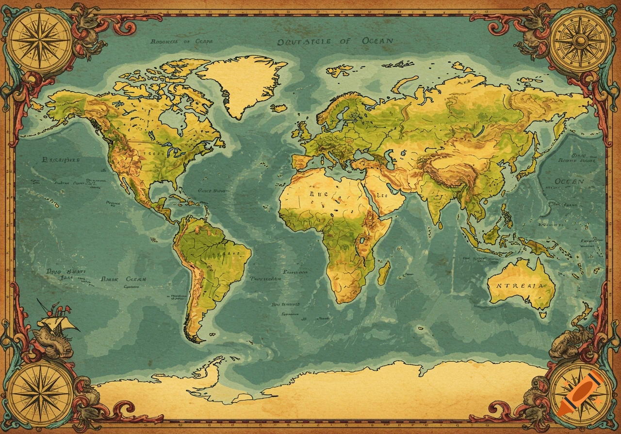 A vintage-style world map with continents, blue oceans, ornate borders ...