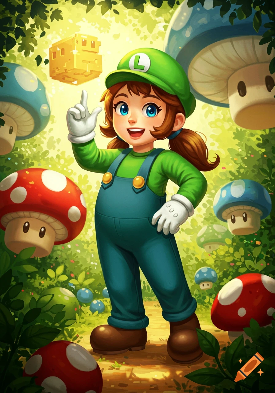 Toad and Toadette kiss in a magical, glowing forest, depicted in a ...