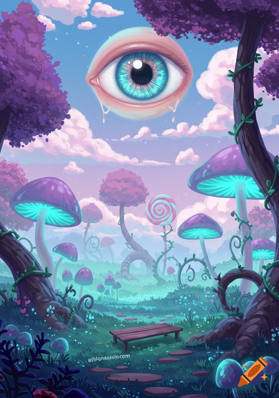 A vibrant dreamcore fantasy landscape with a large blue eye in a pastel ...