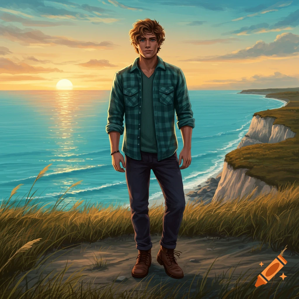 A digitally painted man with brown curly hair, wearing a green plaid ...