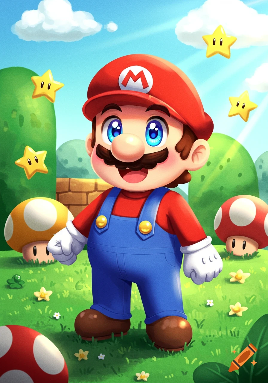 Cute anime Mario stands in a bright green field with stars and ...