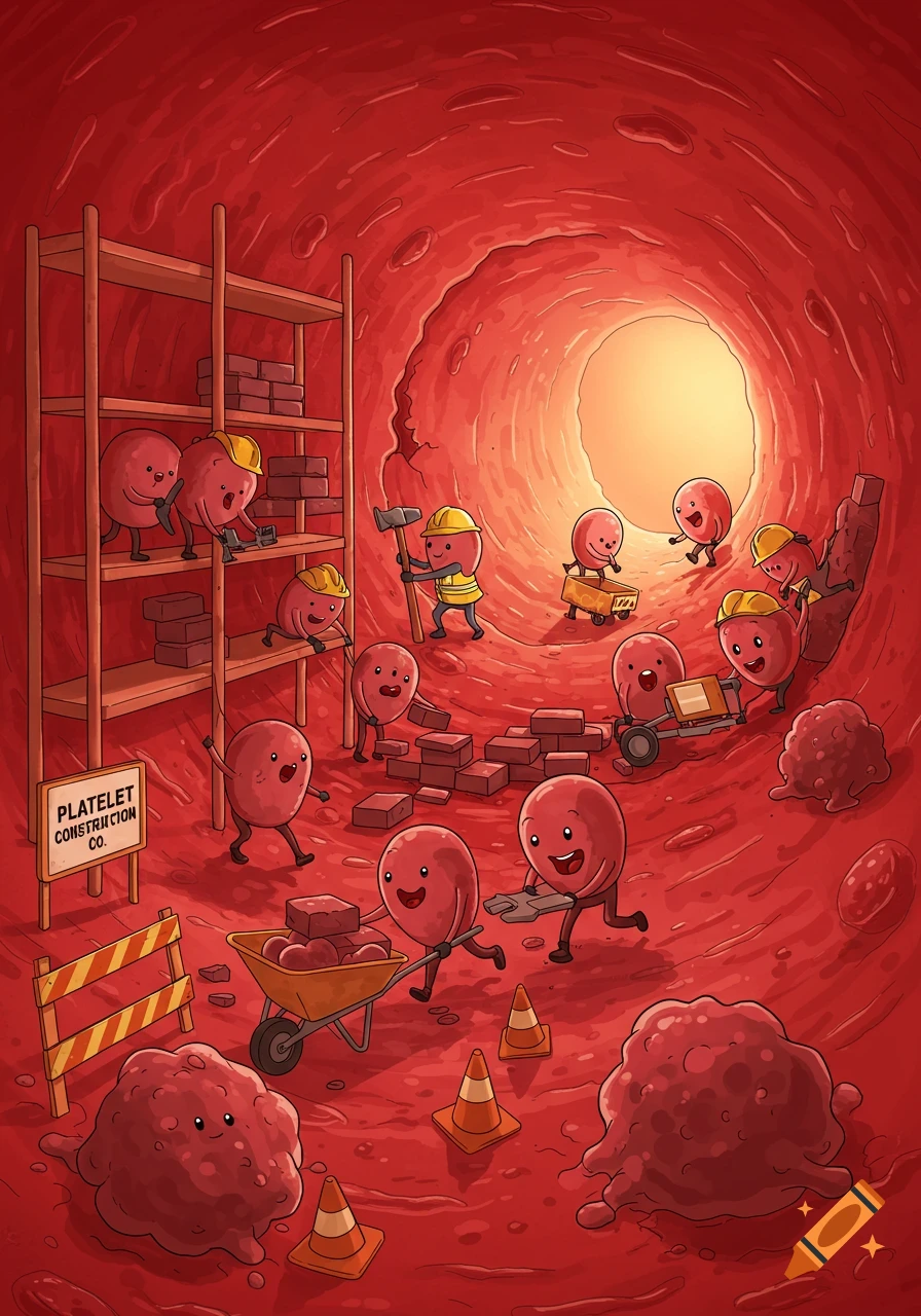A vibrant cartoon shows cheerful platelets in hard hats acting as a ...