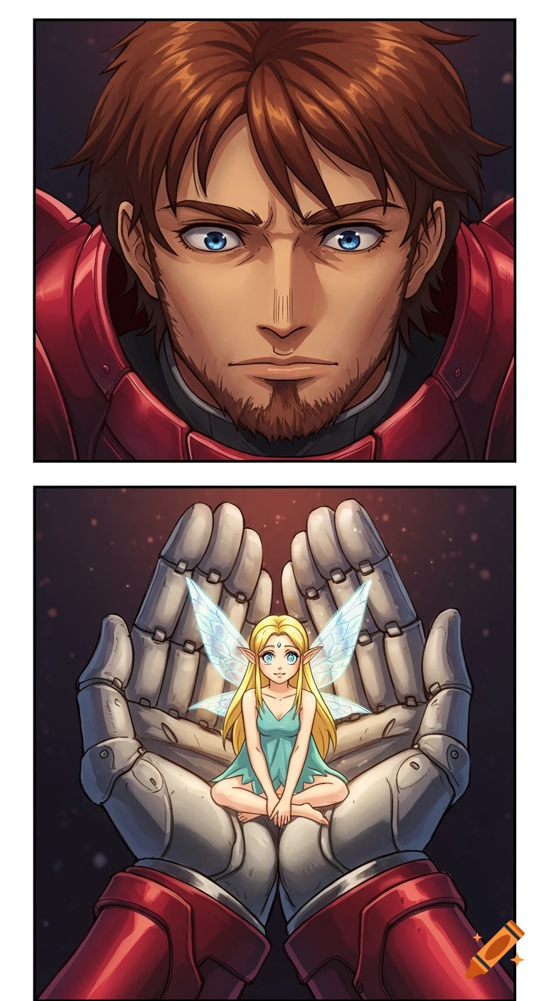 Two-panel anime comic of a man in red armor holding a tiny blonde pixie ...