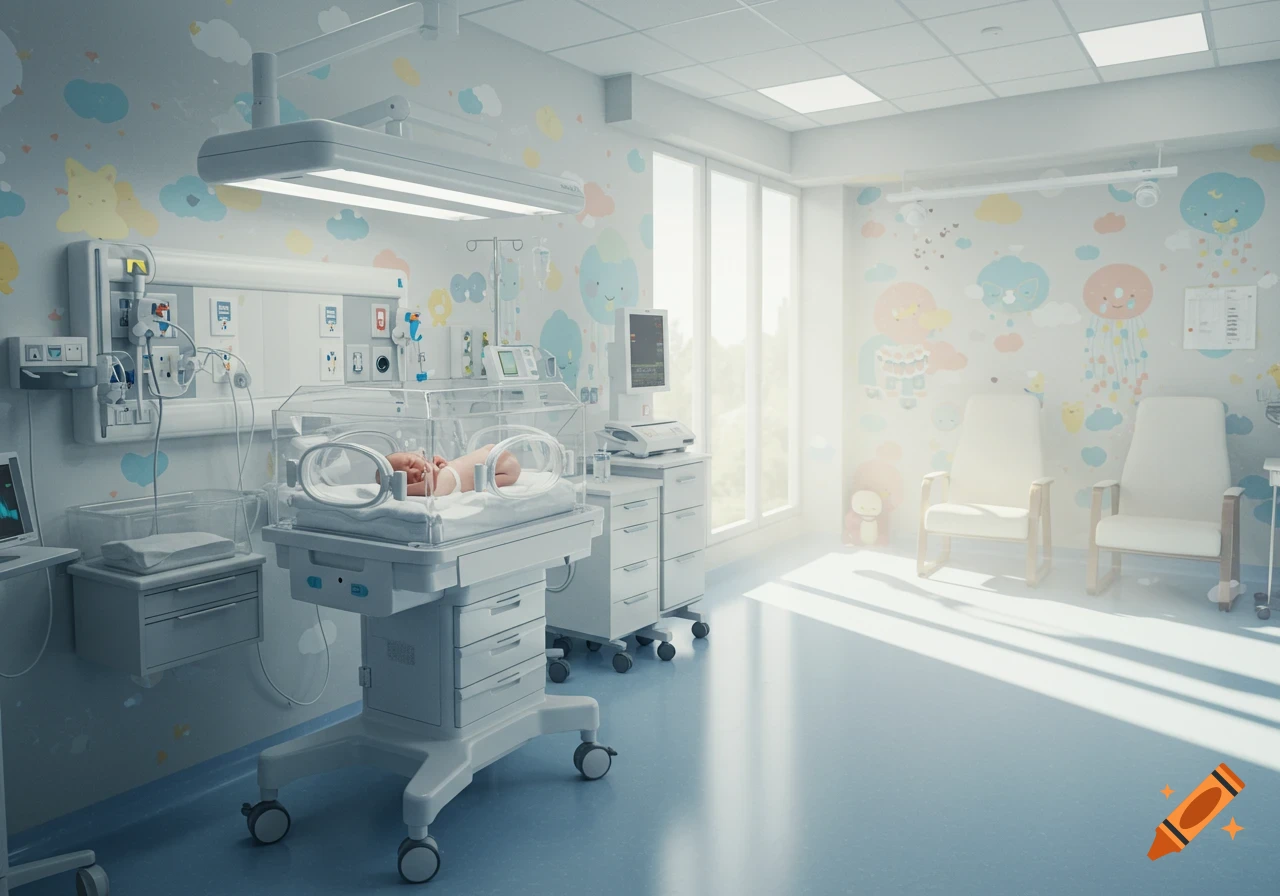 Photorealistic image of a modern maternity ward with a newborn in an ...