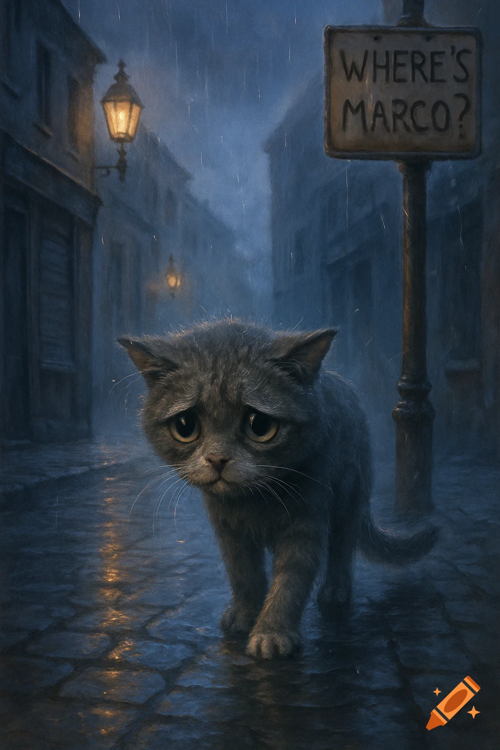 A sad gray cat walks down a wet cobblestone street in the rain at night ...