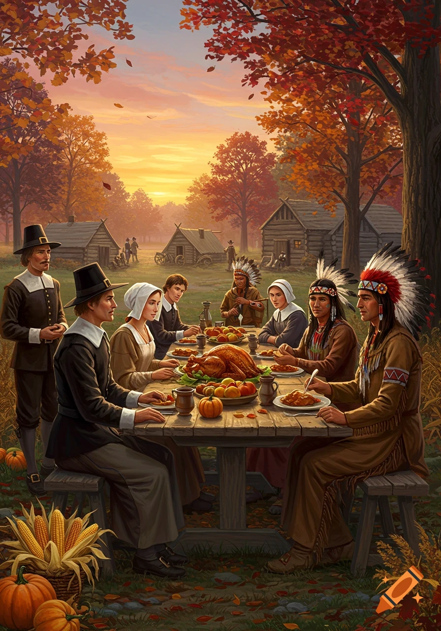 An illustration of Pilgrims and Native Americans sharing a Thanksgiving ...