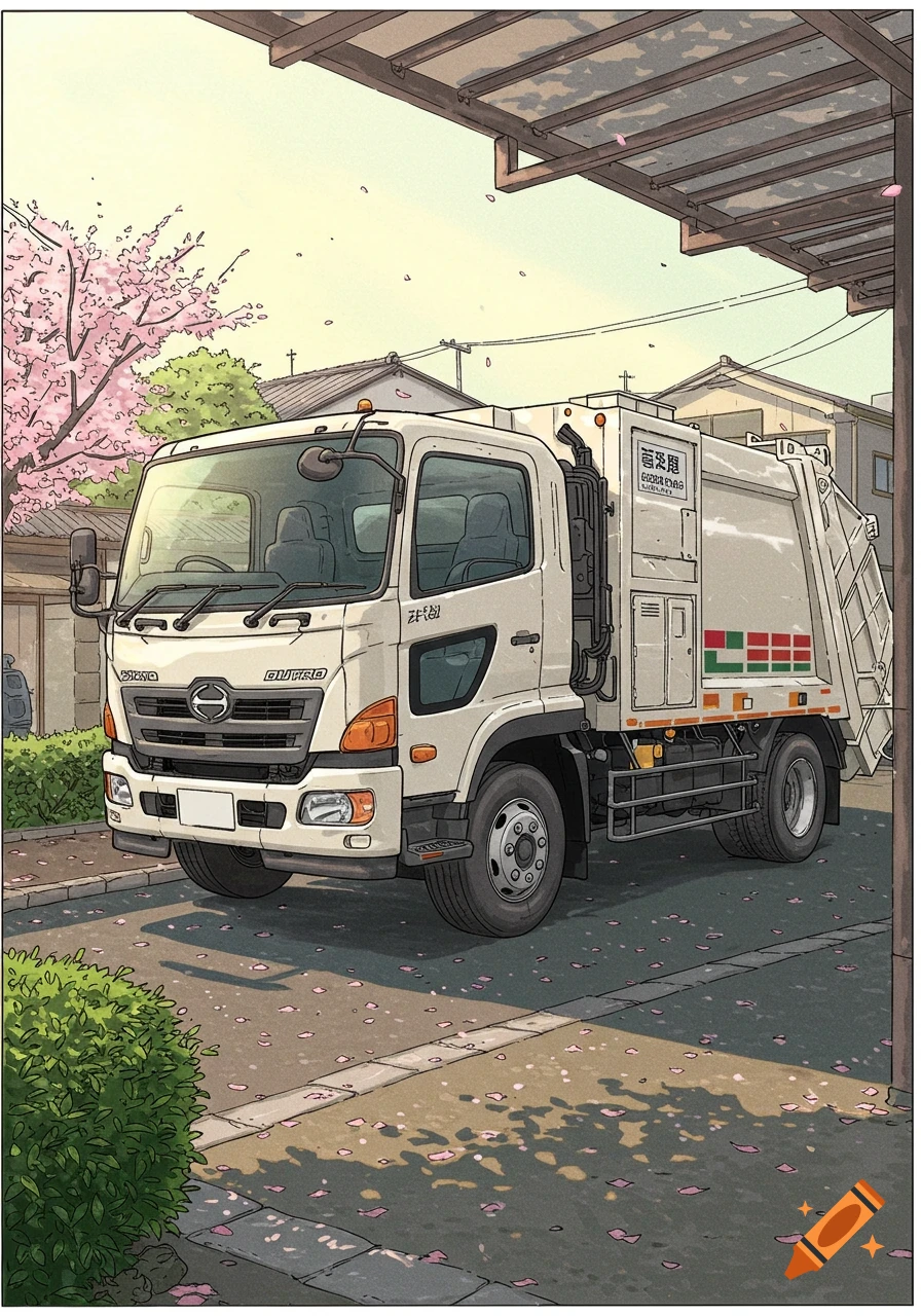 A white Hino Dutro garbage truck is parked on a street lined with ...