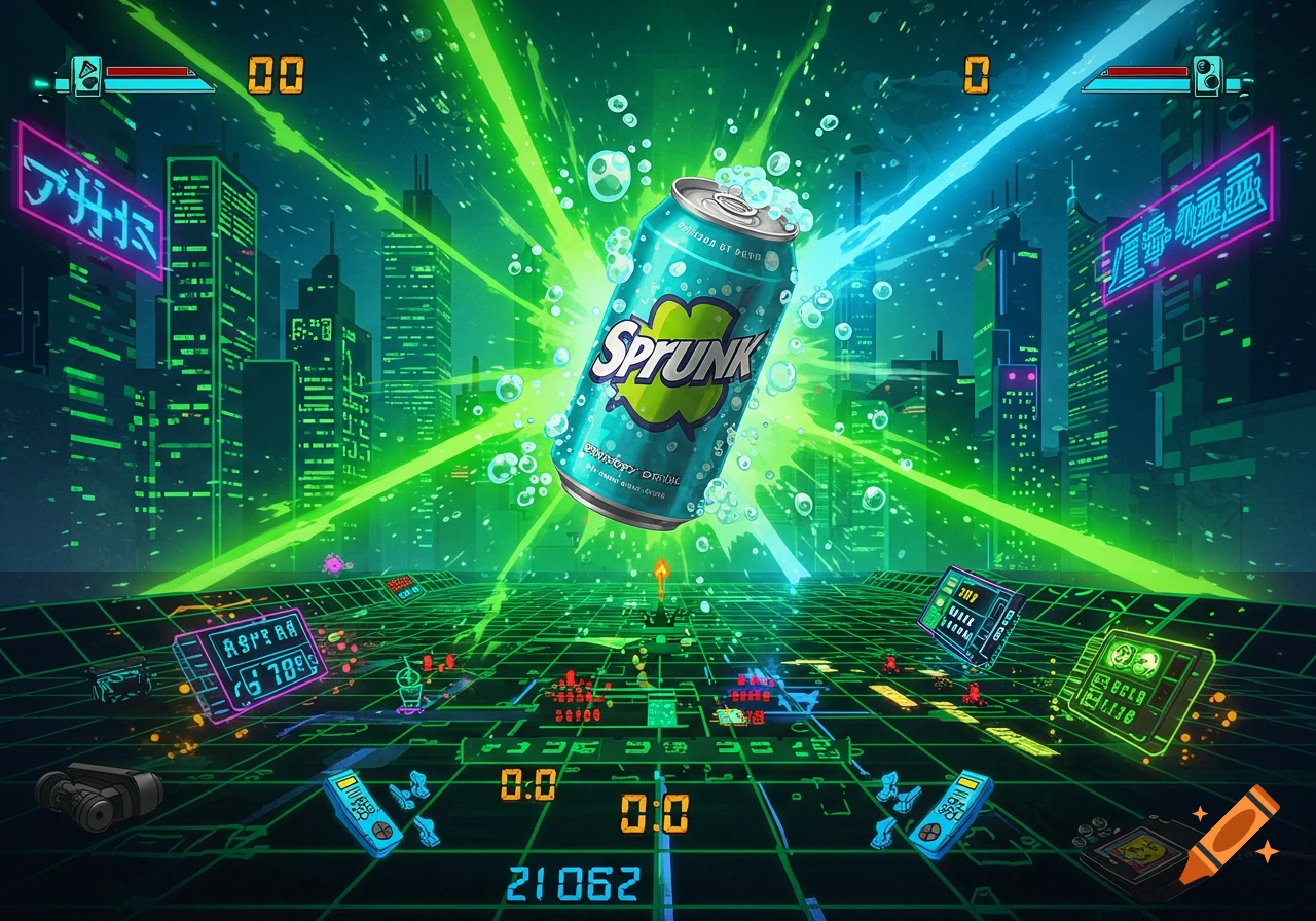 A vibrant cyberpunk-style video game scene features a large, floating ...
