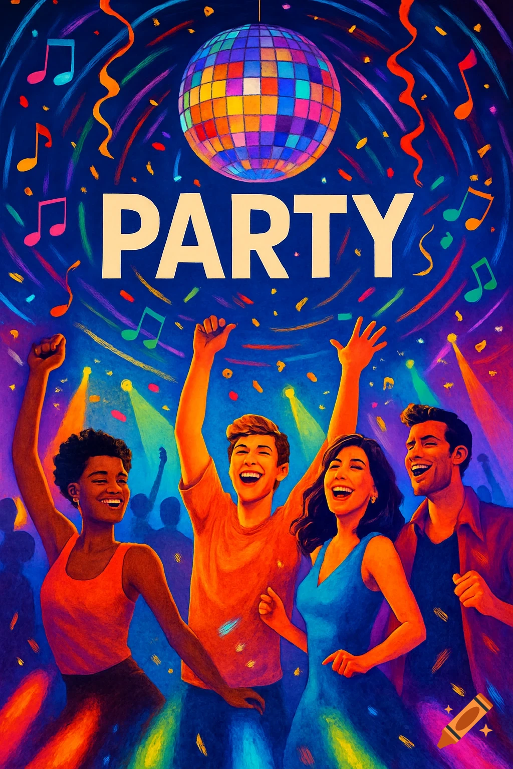 Colorful promotional poster with floral designs, balloons, and text ...