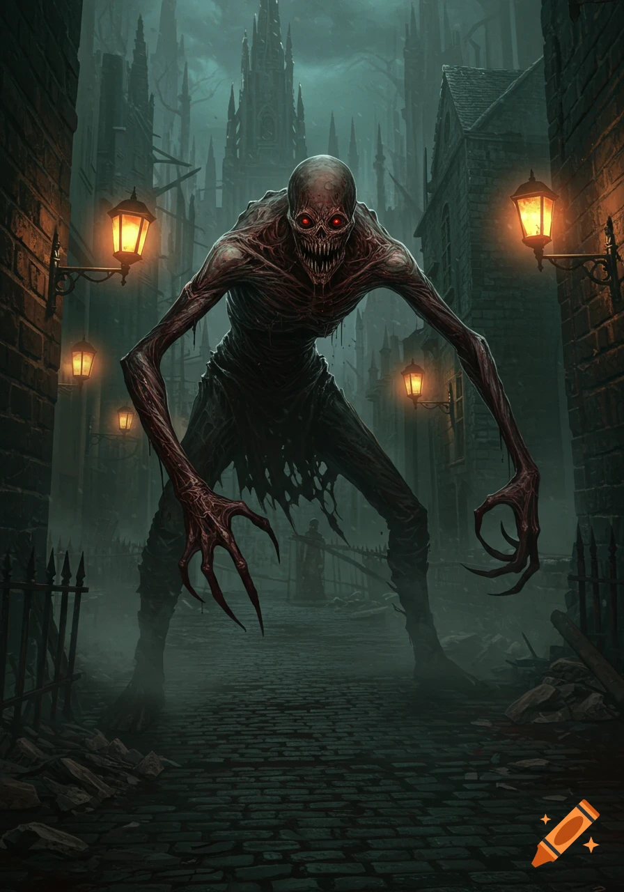 A grotesque, sinewy monster with glowing red eyes and sharp teeth ...