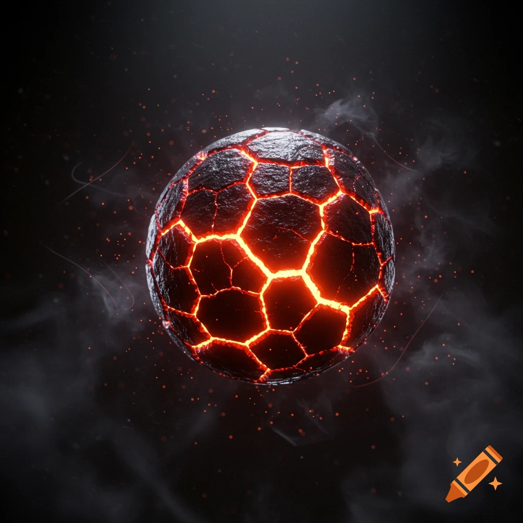 A dark, spherical object with glowing red and orange cracks resembling ...