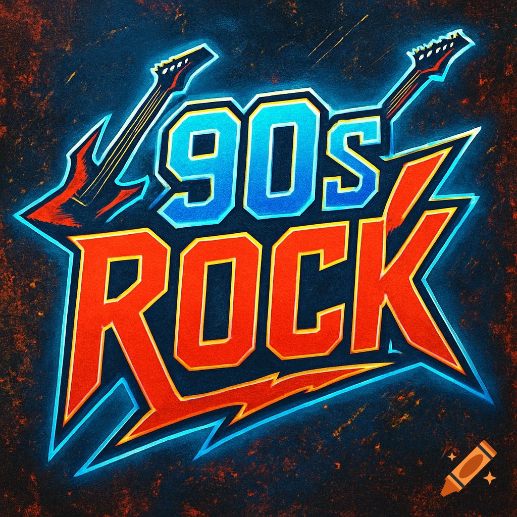 A neon and grunge style logo featuring '90s ROCK' text in blue and red ...