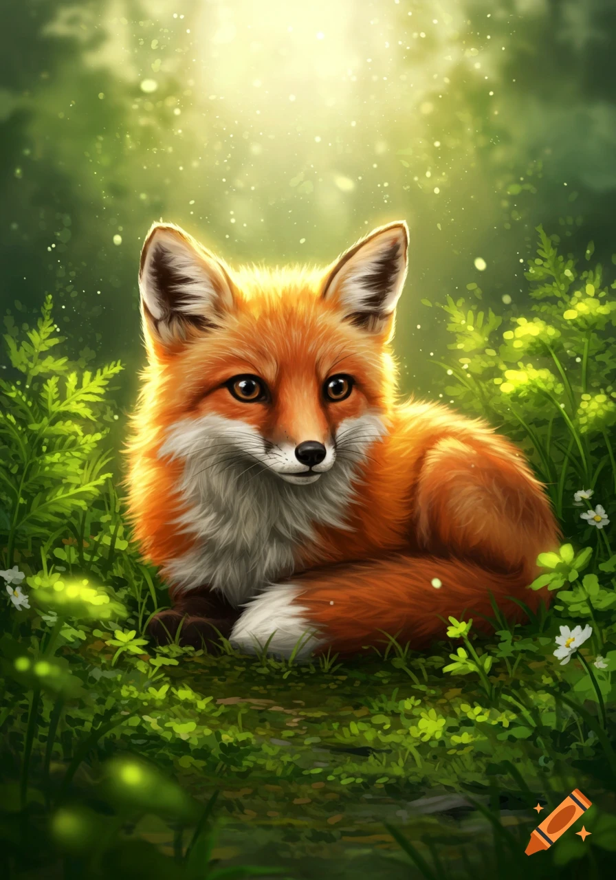 A fluffy red fox with a white chest and nose sits in a lush green ...