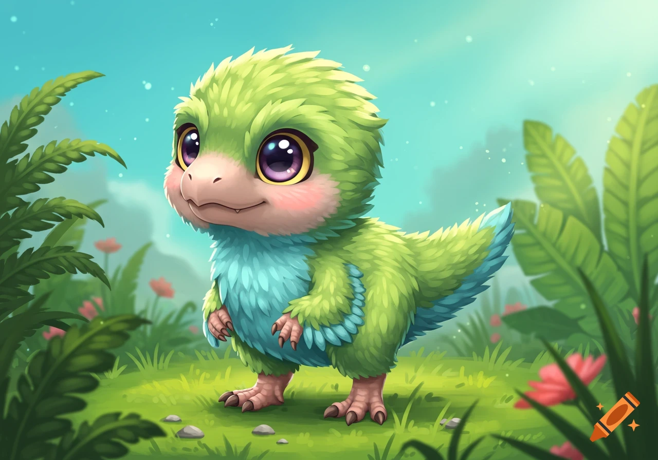 A cute, chubby, green cartoon dinosaur with big eyes holds a red heart ...