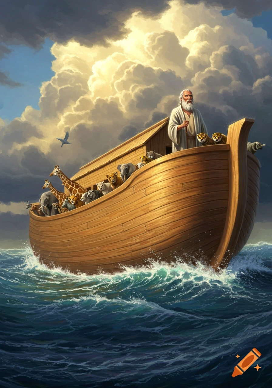 An illustration of Noah standing on Noah's Ark with many animals aboard ...