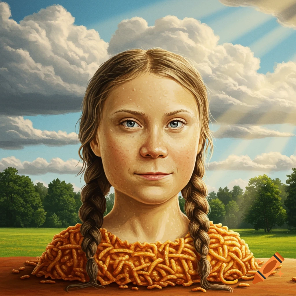 An illustrated portrait of Greta Thunberg's head emerging from a mound ...