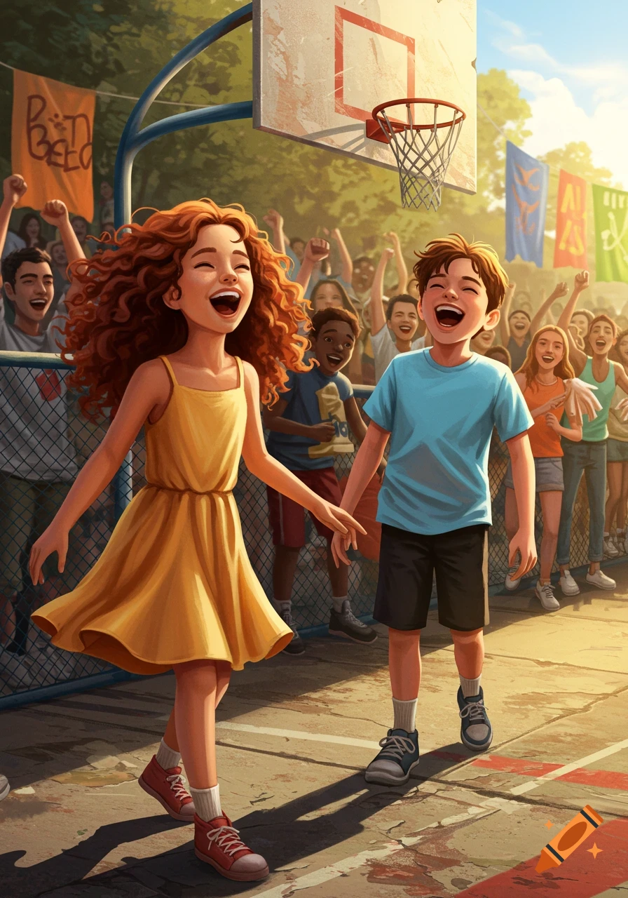 A joyful boy and girl holding trophies in a stadium with a cheering ...