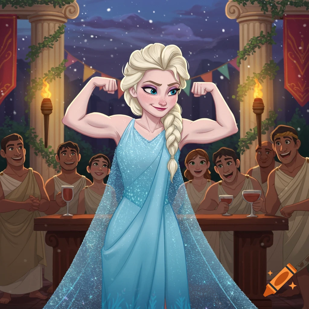 Elsa from Frozen flexes her muscular arms at a toga party with other ...