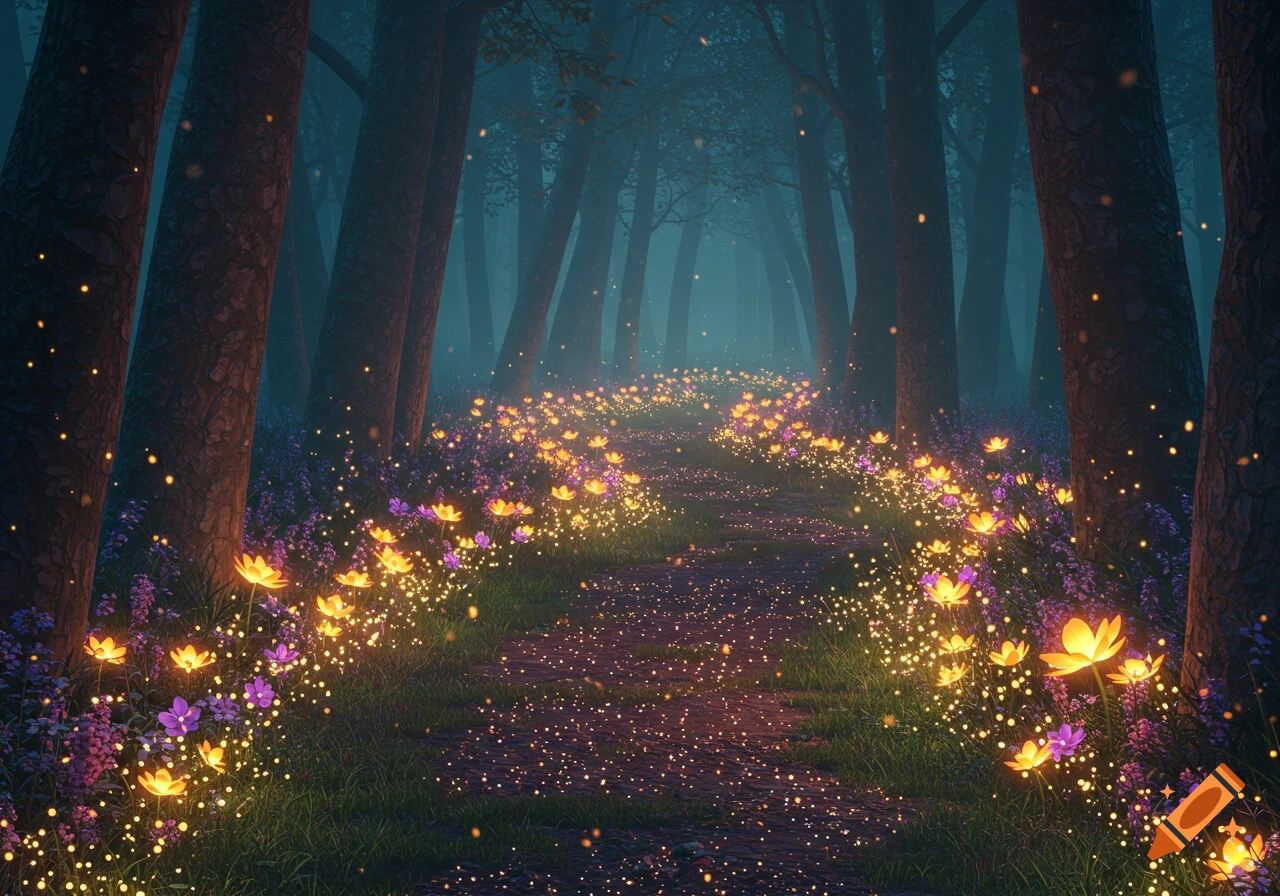 A winding path through a dark, mystical forest, lined with glowing ...