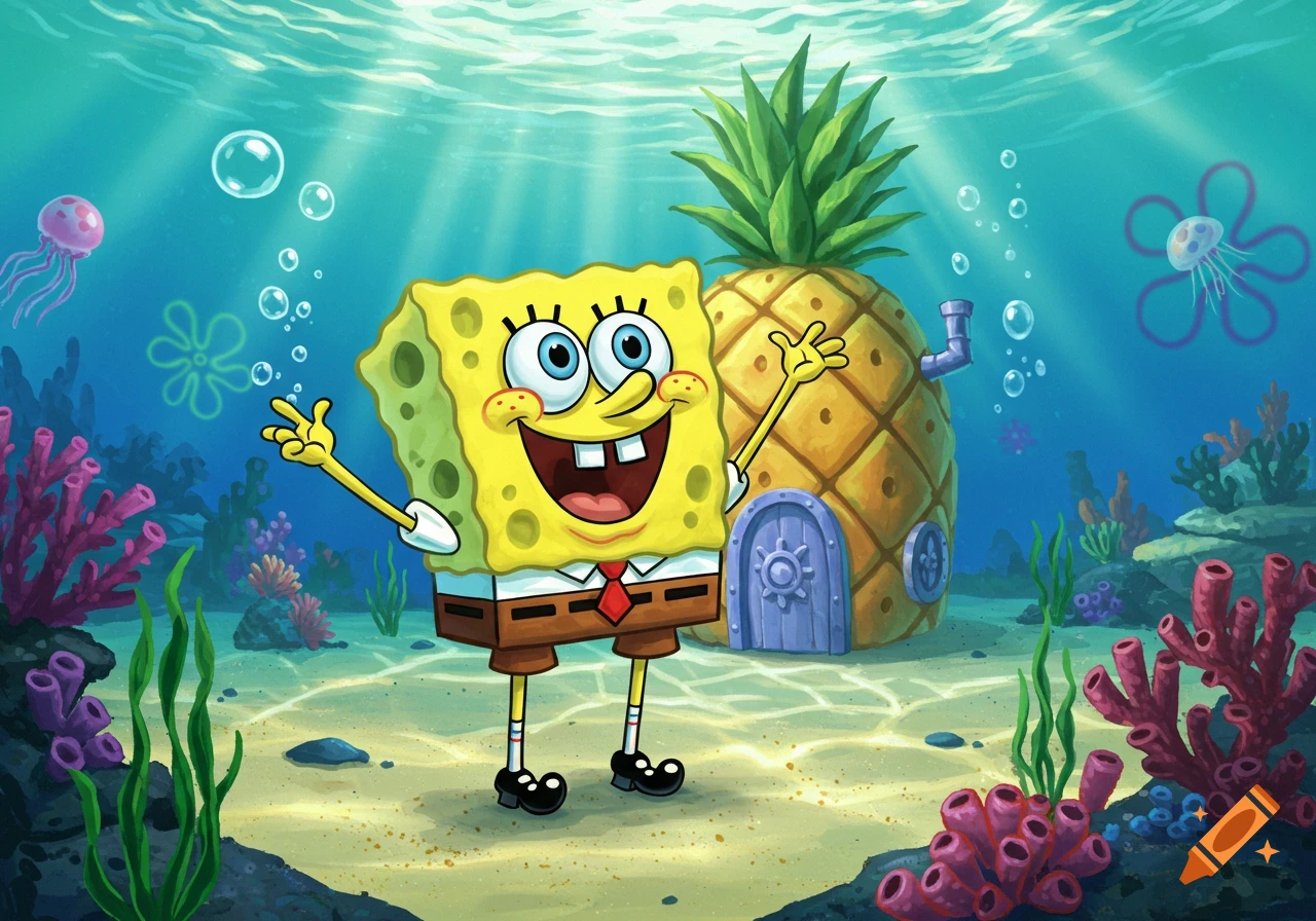 Spongebob Squarepants stands cheerfully in a vibrant underwater scene ...