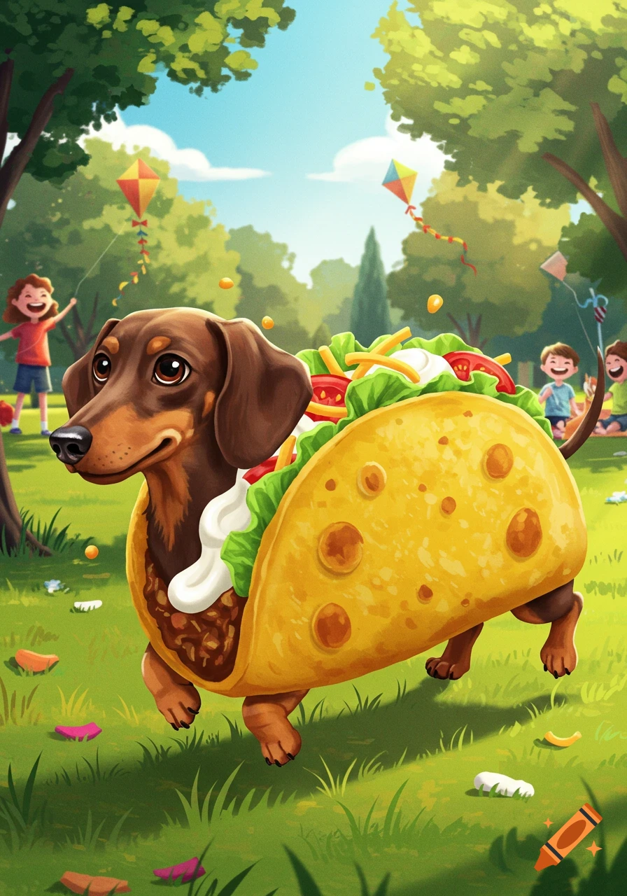 A cartoon dachshund dog with a taco for a body runs in a sunny park ...