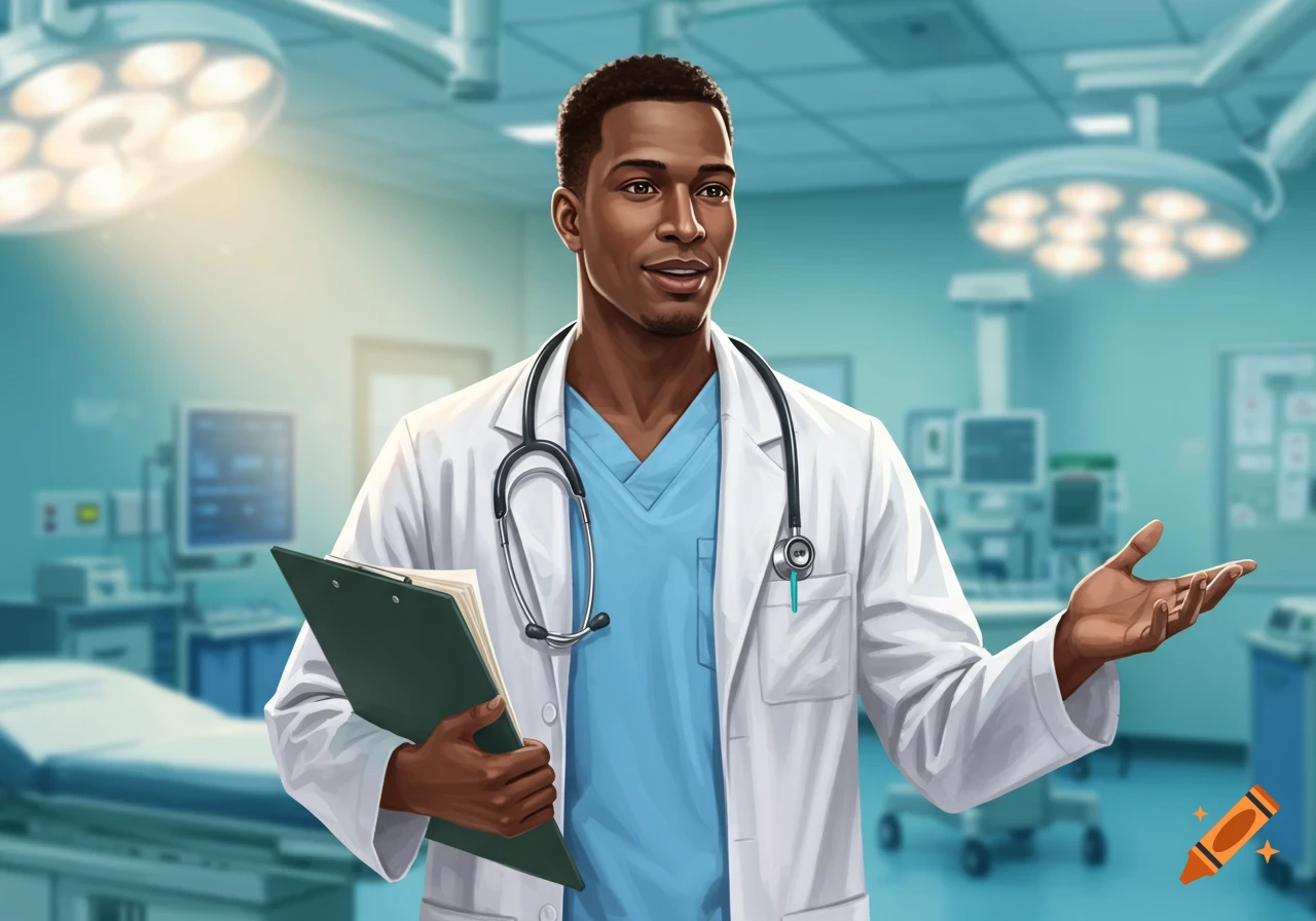 An animated male doctor in a white lab coat and blue scrubs smiles in a ...