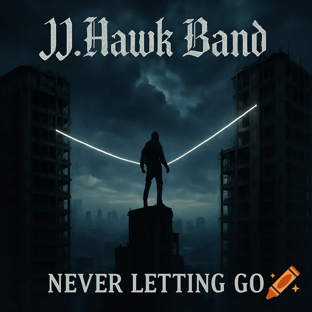 A photorealistic album cover for "JJ.Hawk Band's Never Letting Go ...