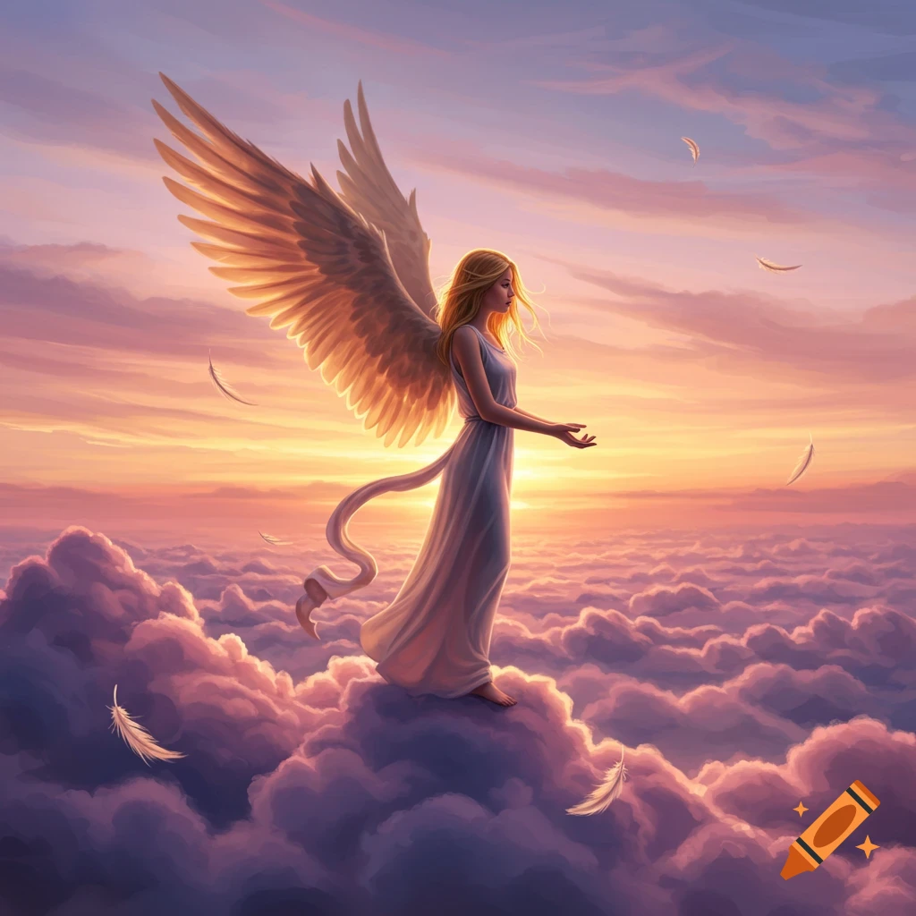 Angels descend from a bright light in the sky amidst vibrant aurora ...