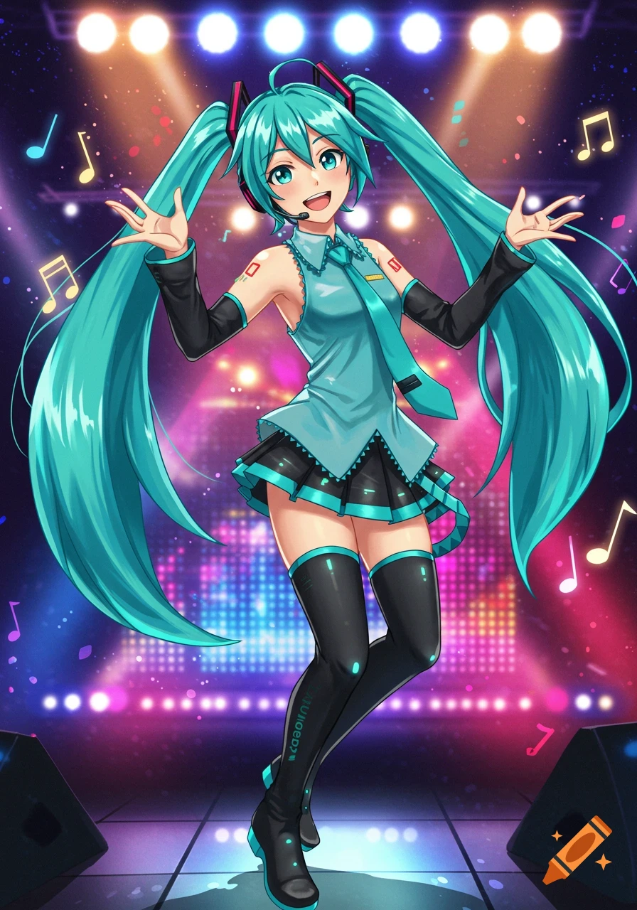 Hatsune Miku and Kagamine Len hug cheerfully on a stage with glowing ...